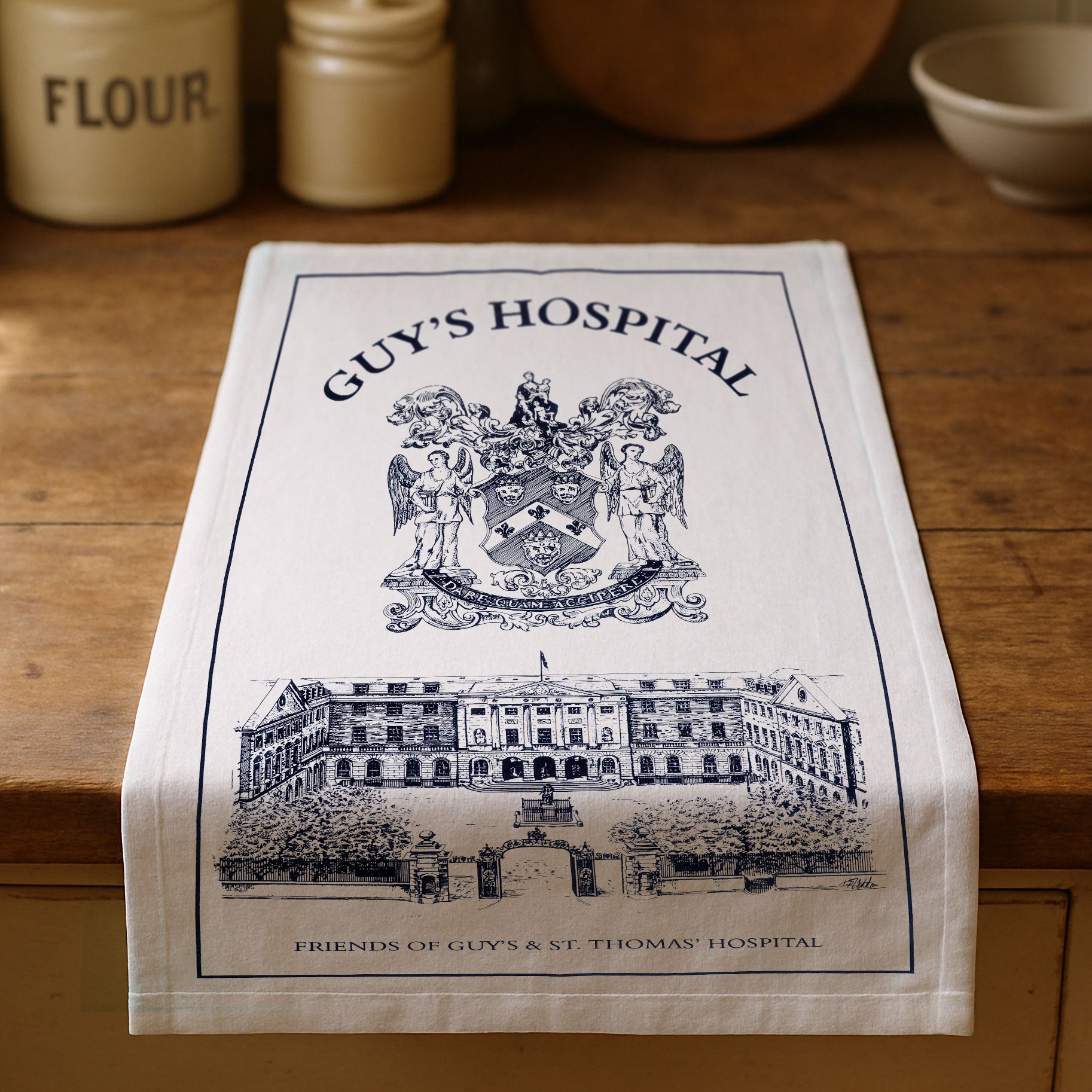 Guy's Hospital Print Black Tea Towel Ð Cotton Kitchen Essential ...